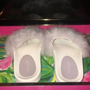 Topshop | Shoes | Topshop Silverwhite Fur Slides | Poshmark
